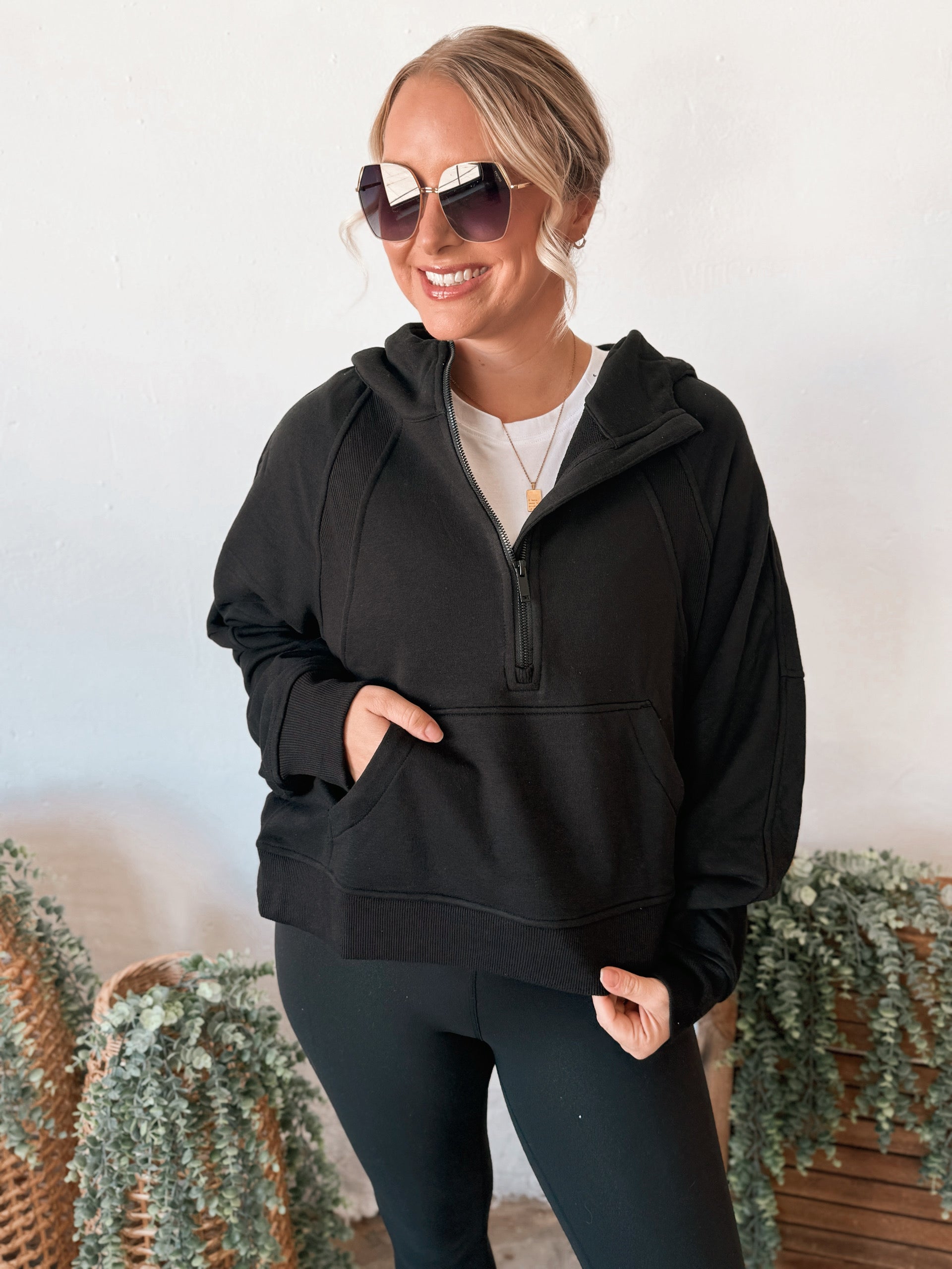 Darlene Cropped Quarter Zip Jacket in Black – Olive & Ave Clothing Boutique